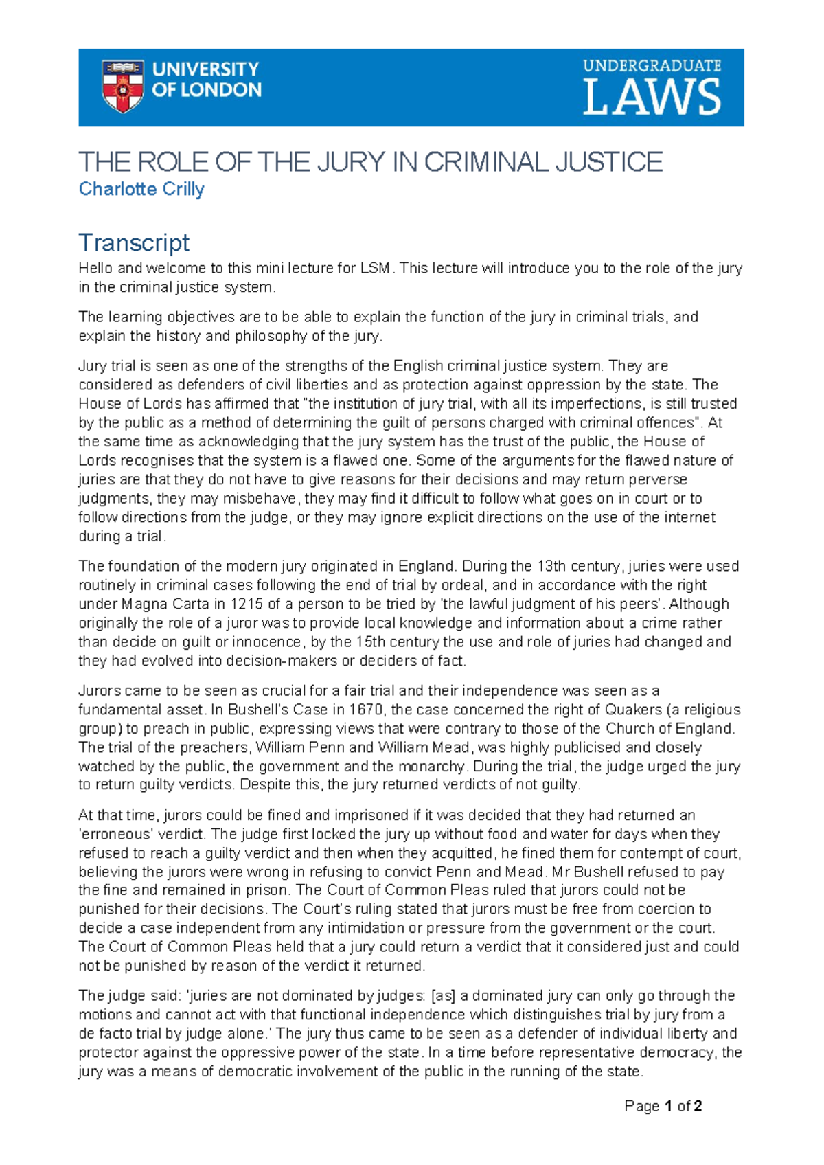 Topic 20.1 Transcript - Regarding Jury - Page 1 of 2 THE ROLE OF THE ...