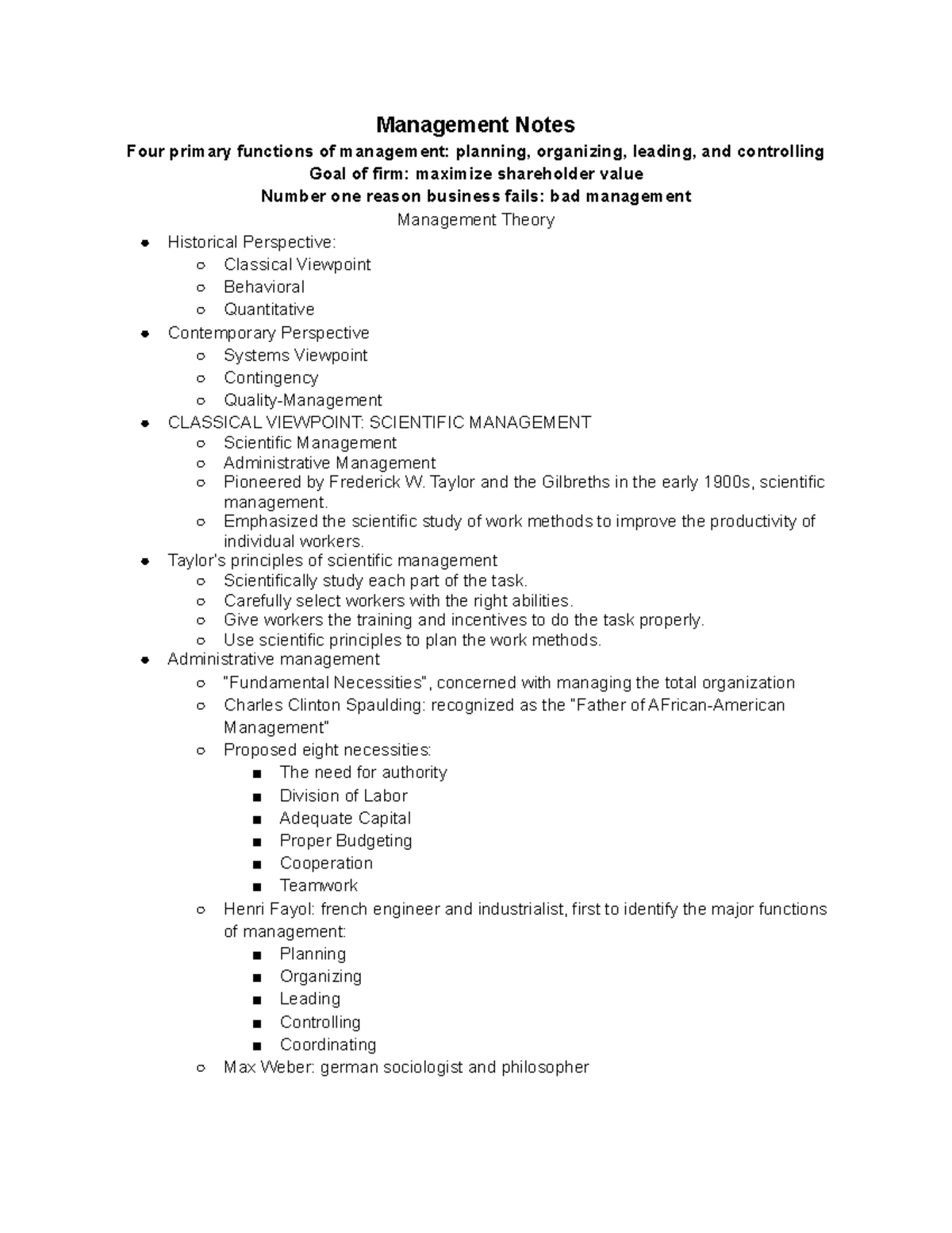 Management Notes - Management Notes Four primary functions of ...