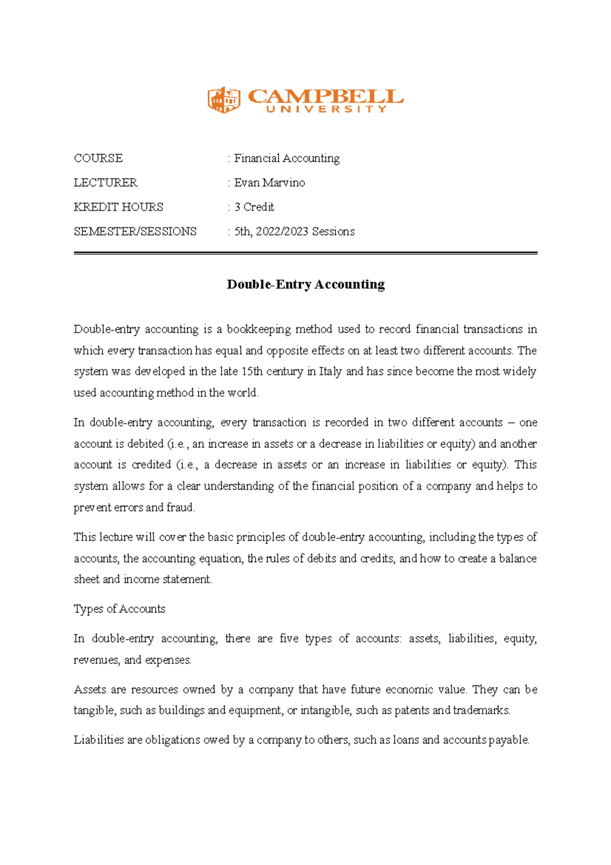 Lecture Notes Double Entry Accounting Financial Accounting Course Financial Accounting