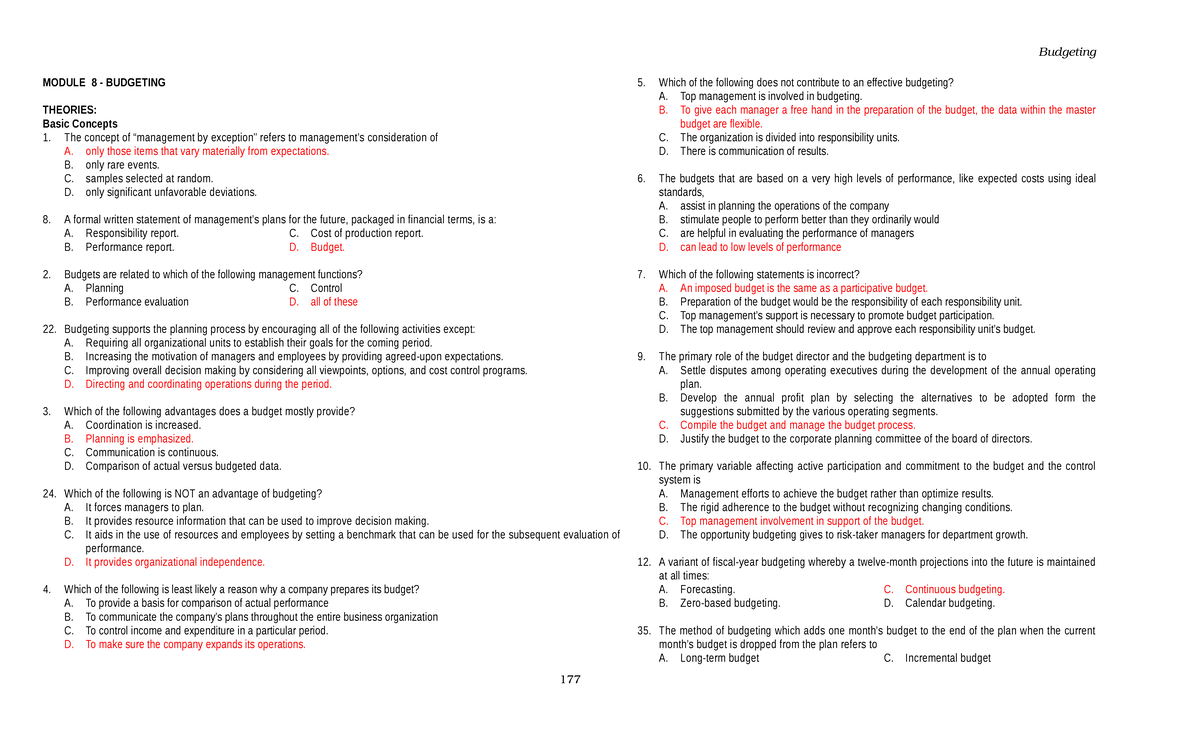 The Master Budget Reviewer scribd MODULE 8 BUDGETING THEORIES