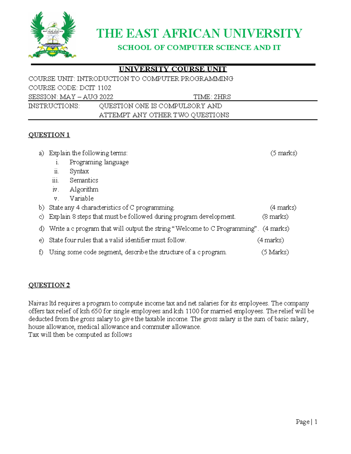 C programming Exam Final - THE EAST AFRICAN UNIVERSITY SCHOOL OF ...