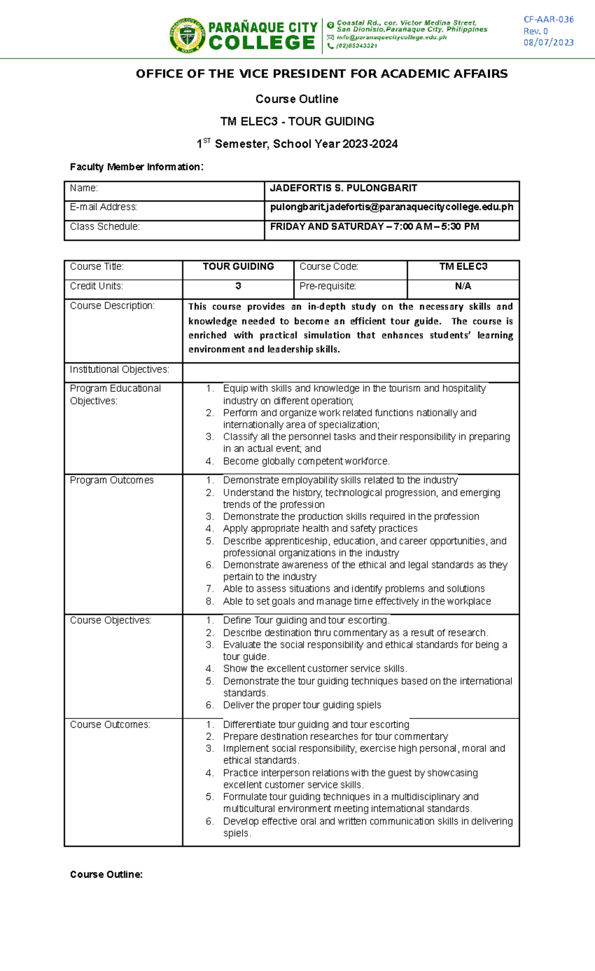 CF-AAR-036- Course- Outline - TM ELEC3 - TOUR Guiding - Pulongbarit ...