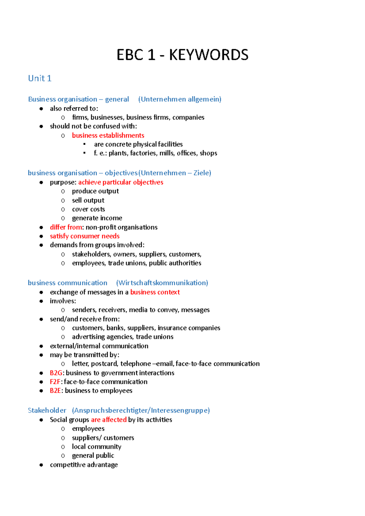 EBC1-Keywords 1 - EBC 1 KEYWORDS Unit 1 Business organisation general ...