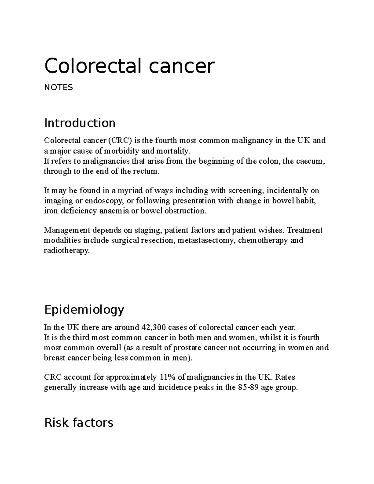 Colorectal cancer - Lecture notes 1 - Colorectal cancer NOTES ...