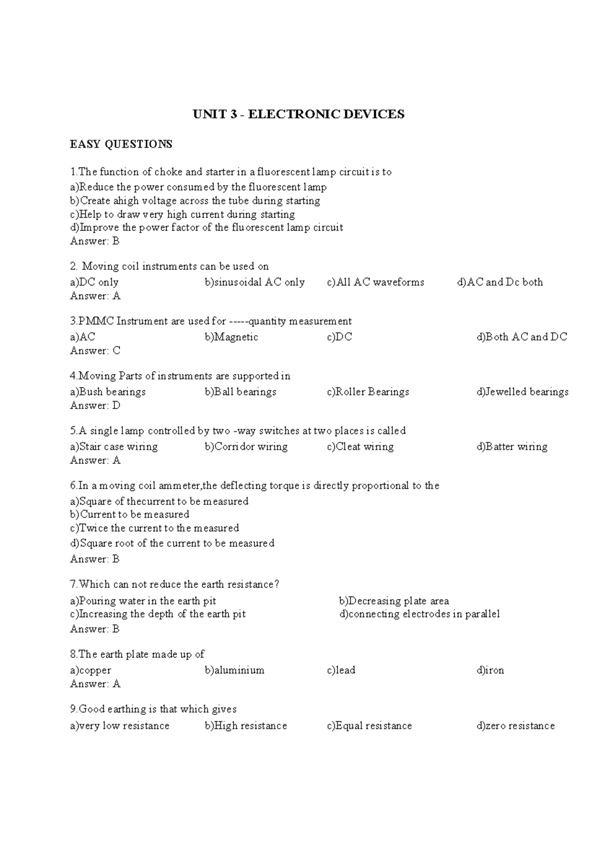 1. UNIT 3 Question BANK - UNIT 3 - ELECTRONIC DEVICES EASY QUESTIONS 1 function of choke and ...