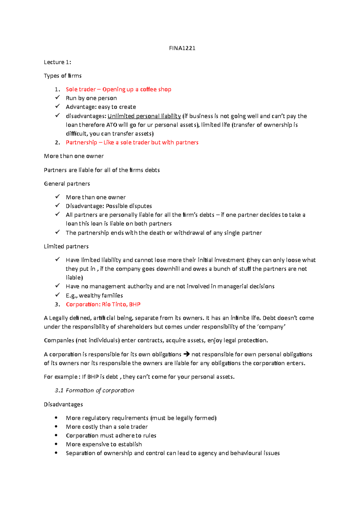 FINA1221 - Notes for the full year, according to each lecture and ...