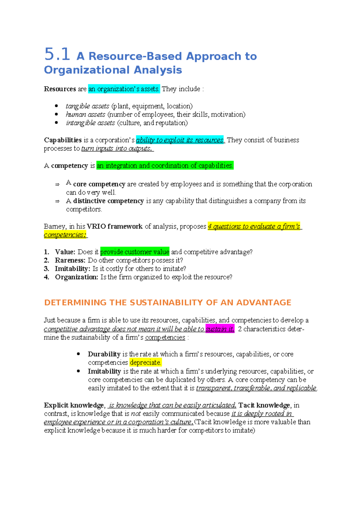 Strat Management Chapter 5 - 5 A Resource-Based Approach to Organizational Analysis Resources ...