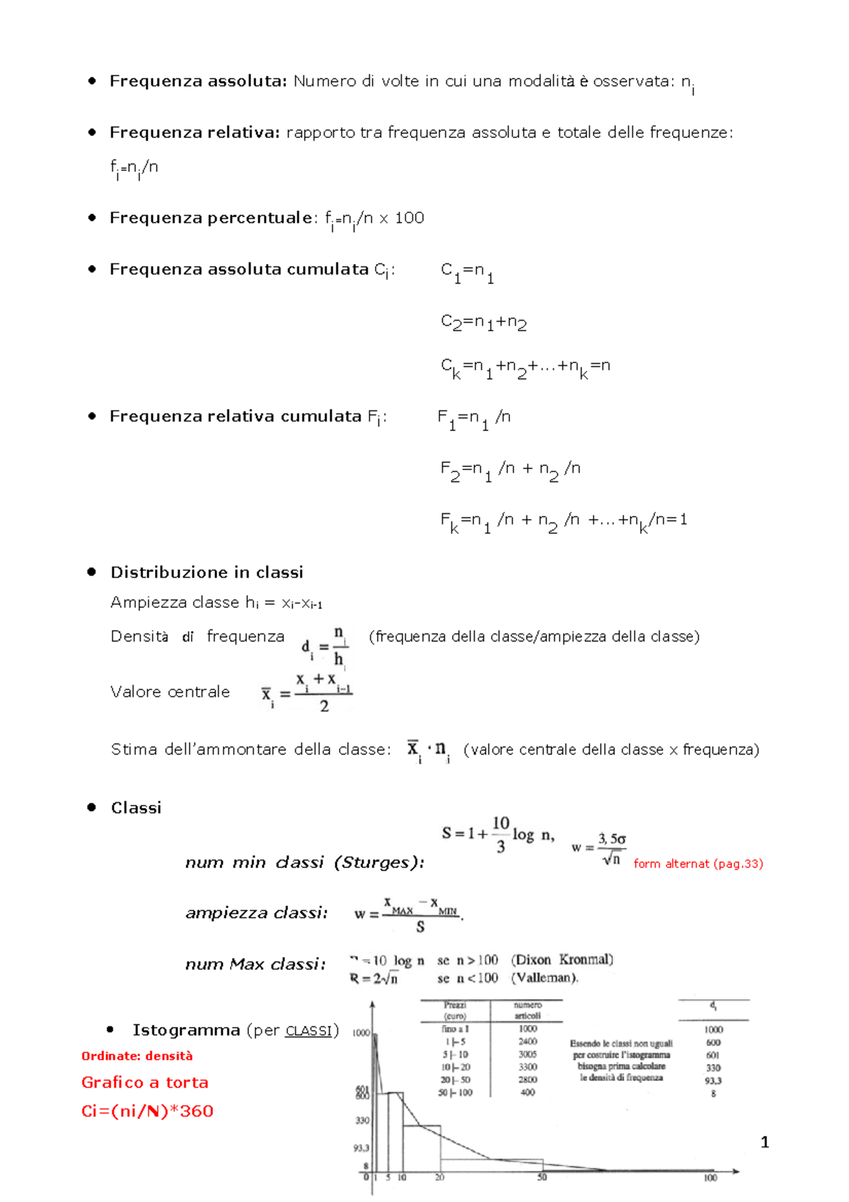 Formulario statistica descrittiva - • Frequenza assoluta: Numero di ...
