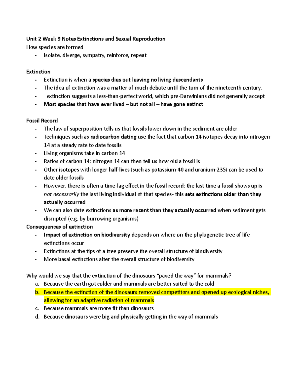 Unit 2 Week 9 Study Guide Extinctions and Sexual Reproduction - Unit 2 ...