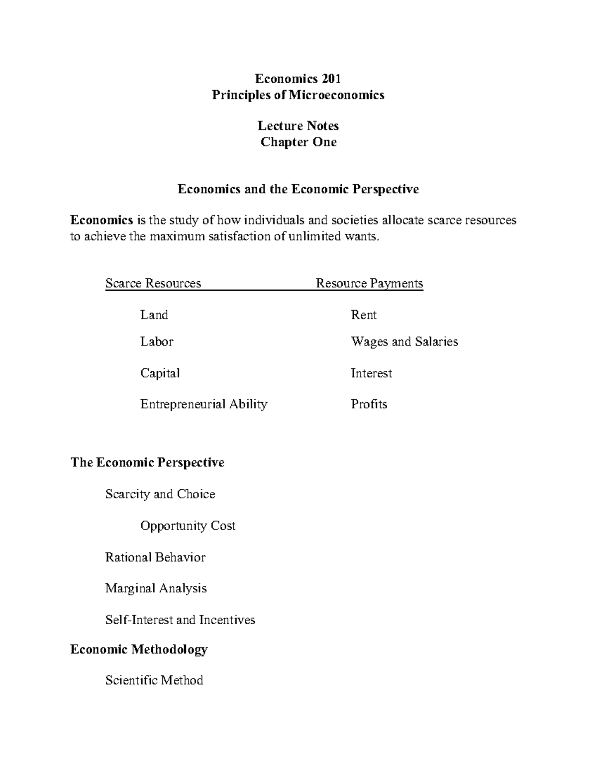 201 Lecture Notes Chapter 1 - Economics 201 Principles of ...