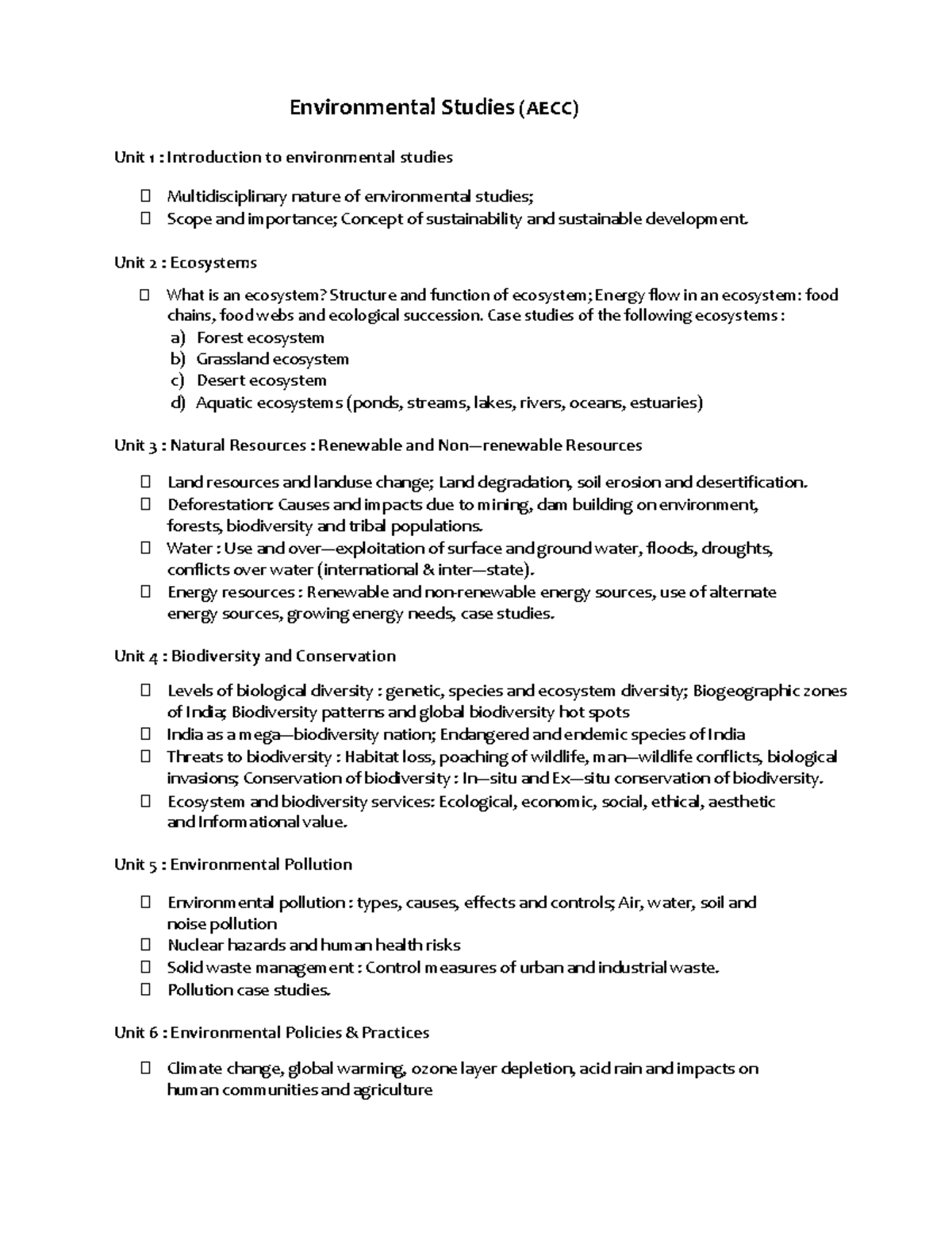 AECC Environmental Studies - Environmental Studies (AECC) Unit 1 ...