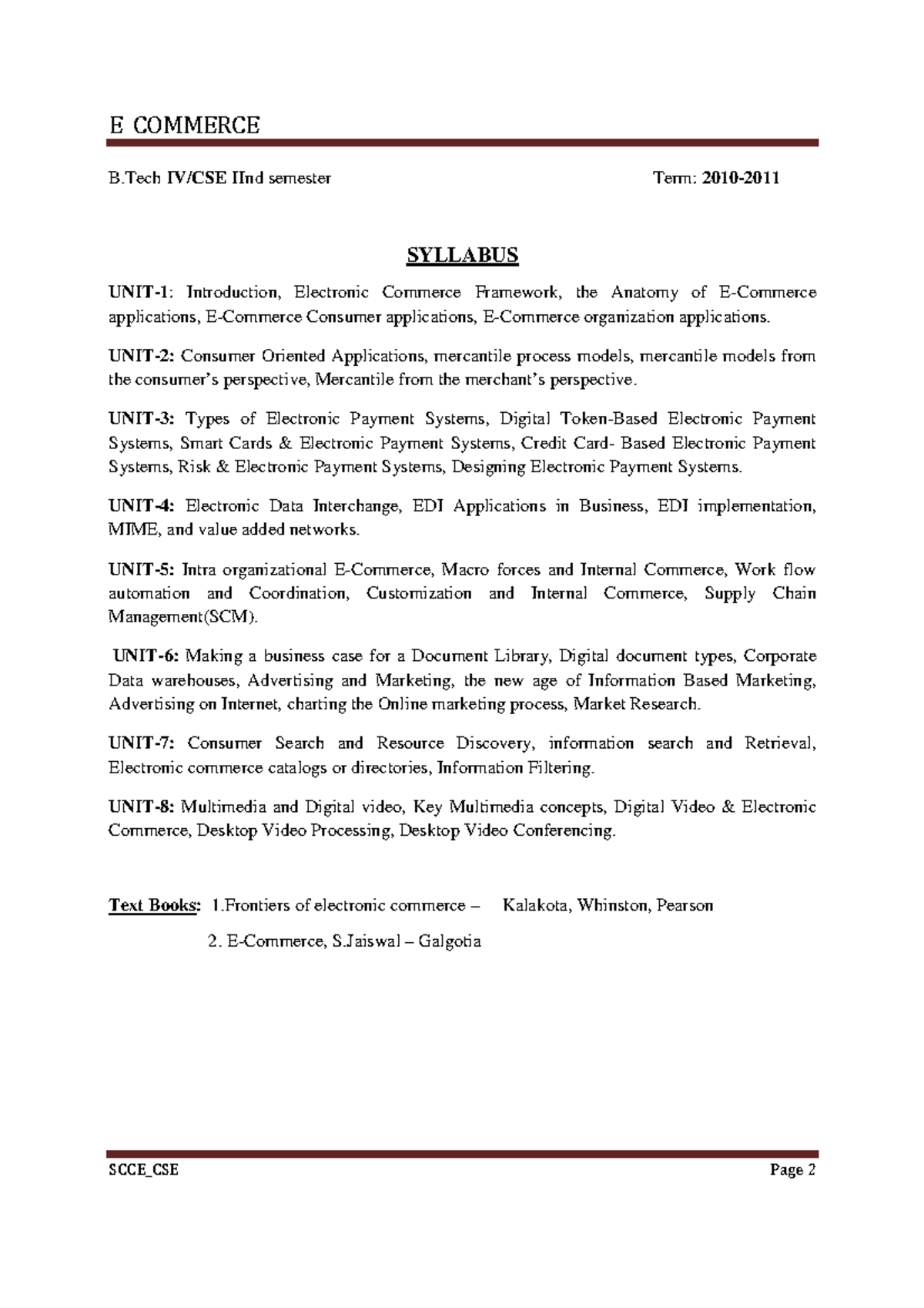 Ecommerce - B IV/CSE IInd semester Term: 2010- SYLLABUS UNIT-1 ...
