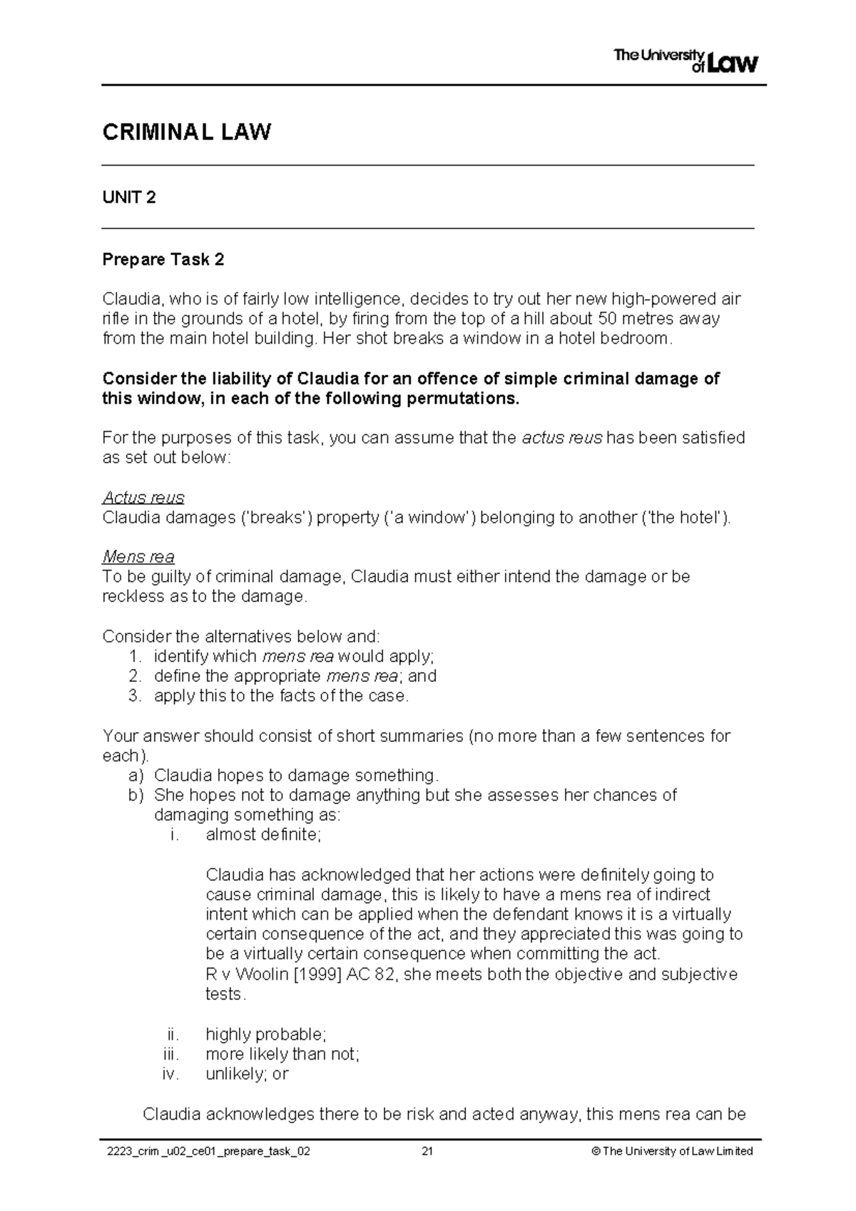 2223 crim u02 ce01 prepare task 02 - CRIMINAL LAW UNIT 2 Prepare Task 2 ...