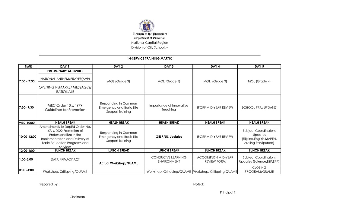 Inset- Matrix - TIME DAY 1 DAY 2 DAY 3 DAY 4 DAY 5 PRELIMINARY ...