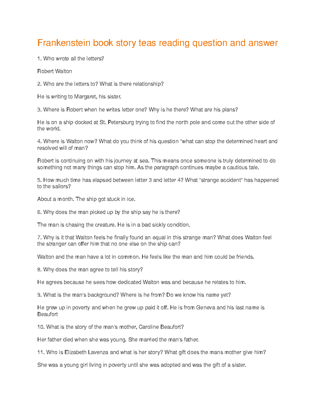 Frankenstein book story teas reading question and answer - Who wrote ...