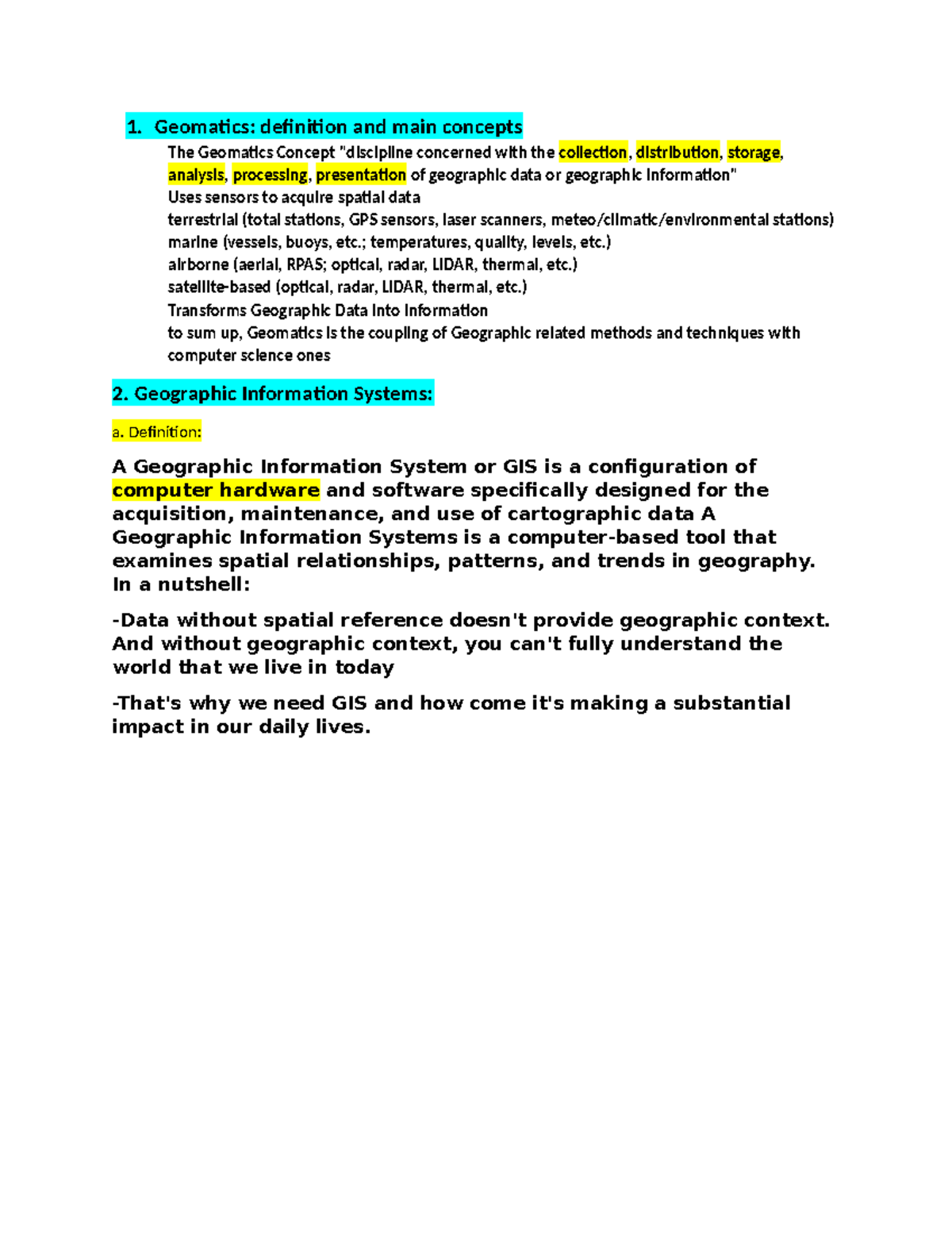 Gis summery - Riassunto Computer sciences - 1. Geomatics: definition ...