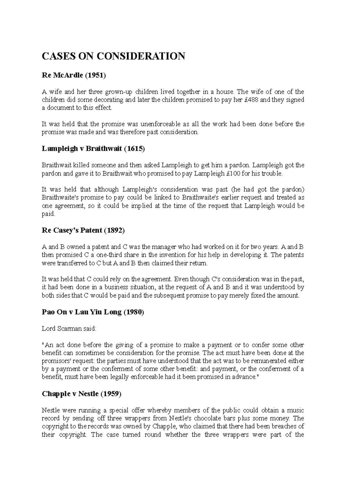 Cases ON Consideration - CASES ON CONSIDERATION Re McArdle (1951) A ...