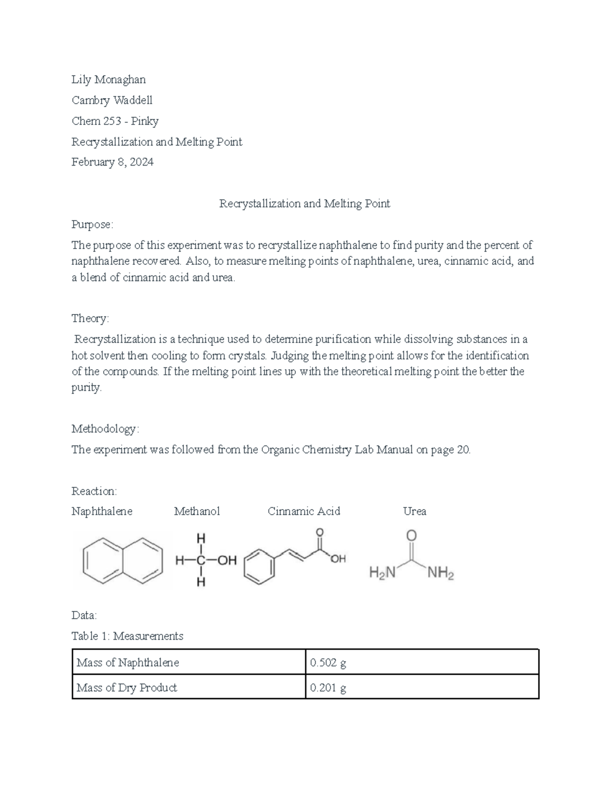 Chem Lab 3 - Experiment 3 - Lily Monaghan Cambry Waddell Chem 253 ...