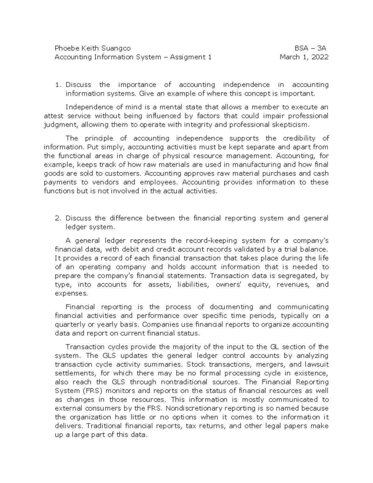 Assignment 1 - AIS - Phoebe Keith Suangco BSA – 3A Accounting ...