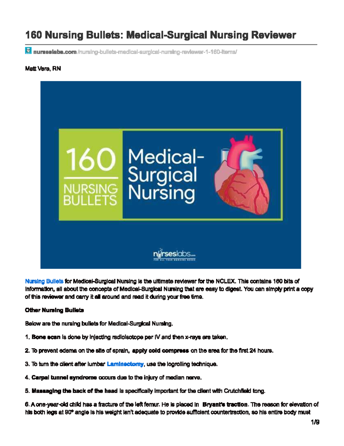 Med-Surg Bullets - Important Concepts To Remember for Medical Surgical ...