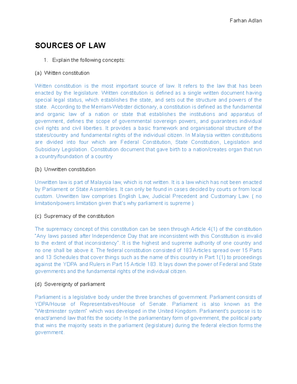 LIA1002 - TUTO chap 2 from WEEK 9-13 - SOURCES OF LAW Explain the ...