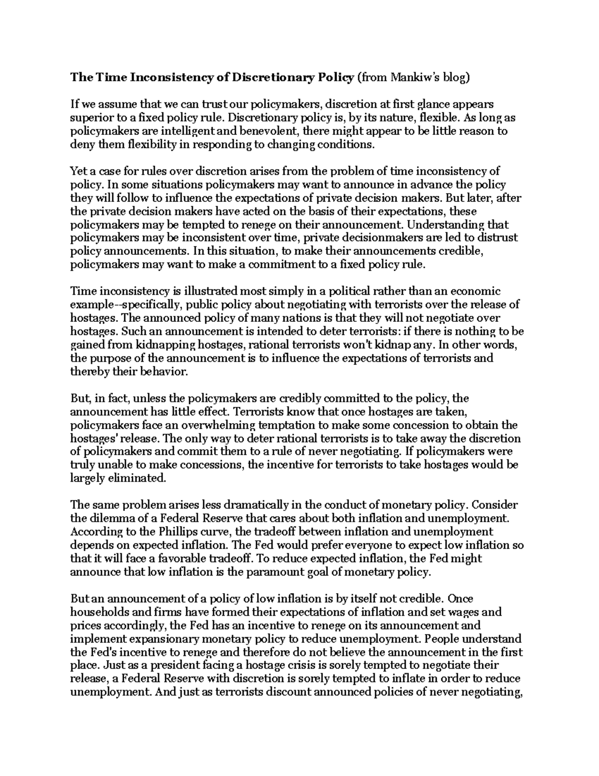 Macro unit3 - mankiw - the time inconsistency of discretionary policy ...