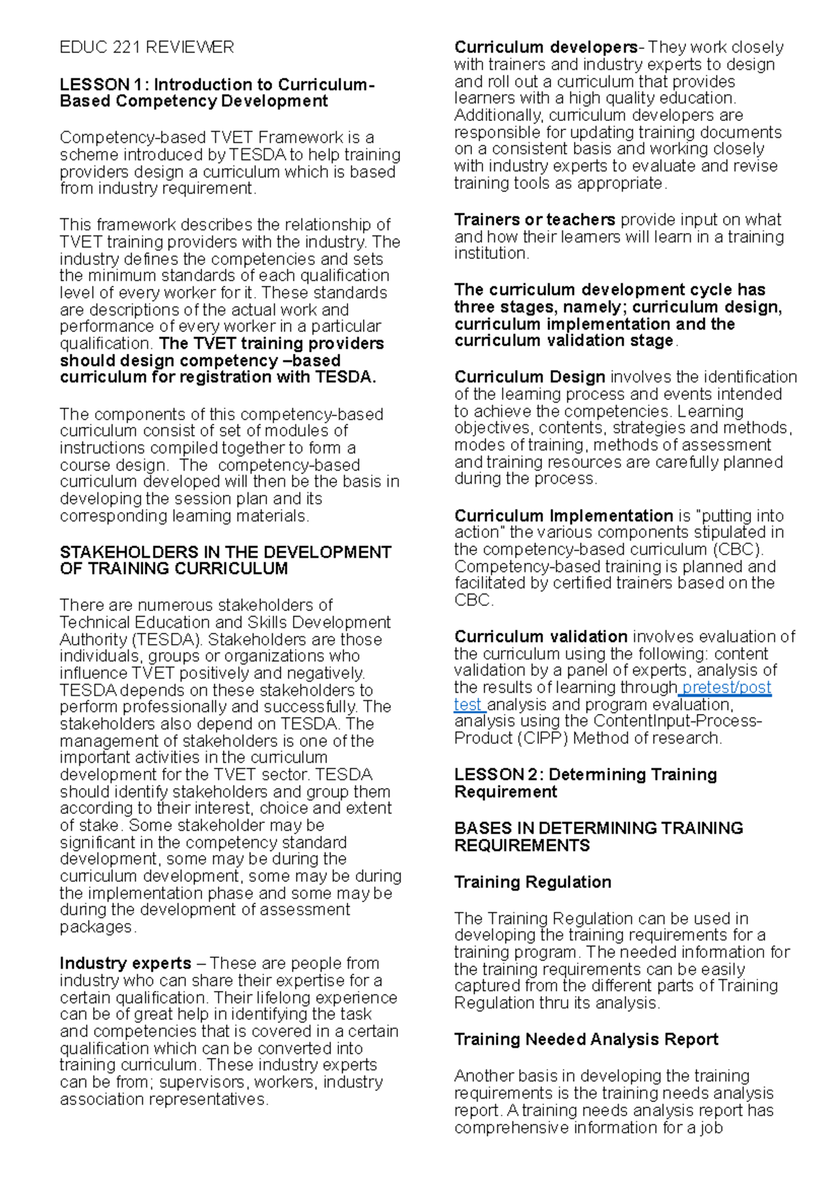 EDUC 221 Reviewer 3 - Thank you - EDUC 221 REVIEWER LESSON 1: Introduction to Curriculum- Based ...