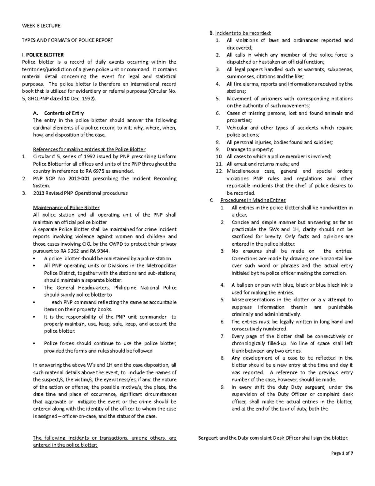 WEEK 8 Lecture - WEEK 8 LECTURE TYPES AND FORMATS OF POLICE REPORT I ...