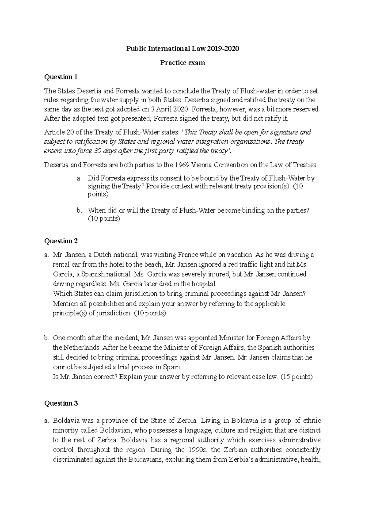Practice exam 19-20 - Public International Law 2019- Practice exam ...