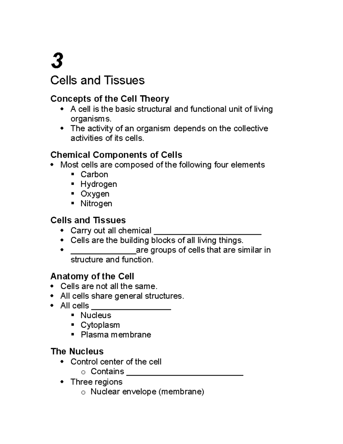 BIO106 Basic A&P Ch. 3 Outline, Cells and Tissues - 3 Cells and Tissues ...