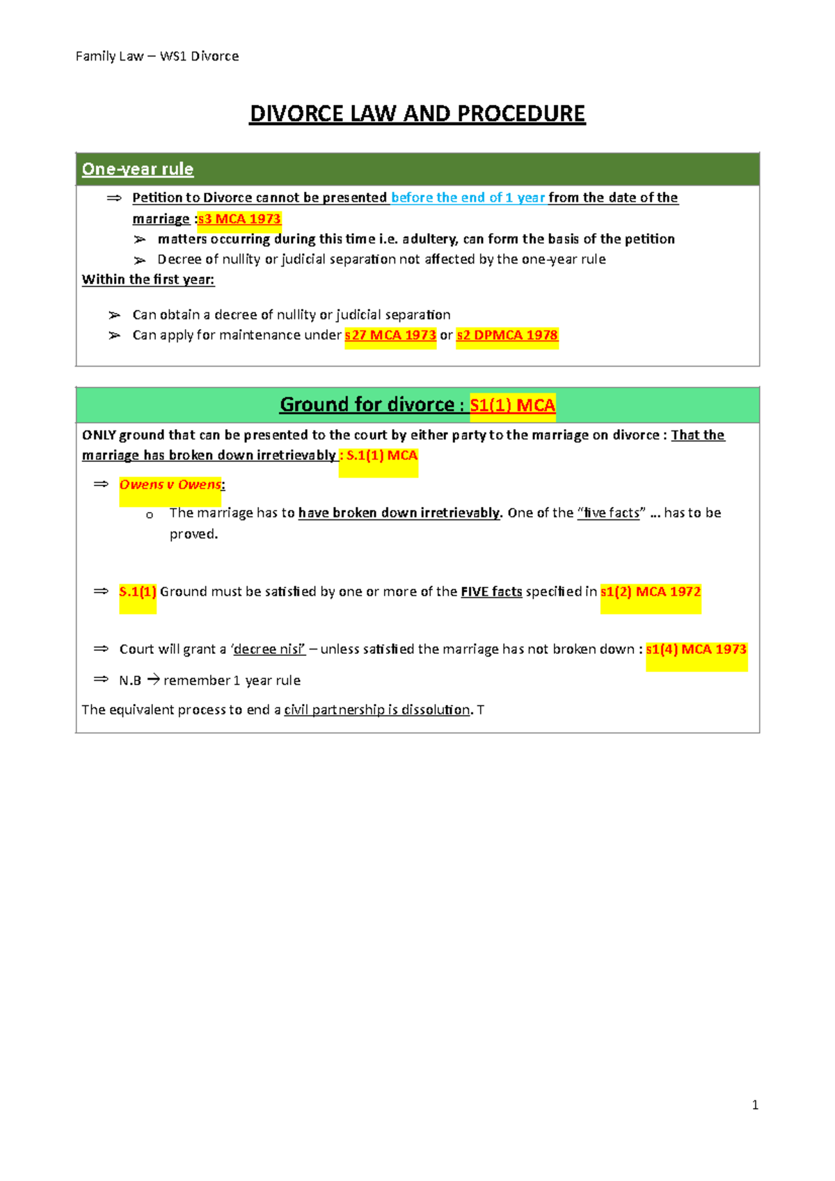 WS1 Divorce notes - Summary Family Law - DIVORCE LAW AND PROCEDURE One ...