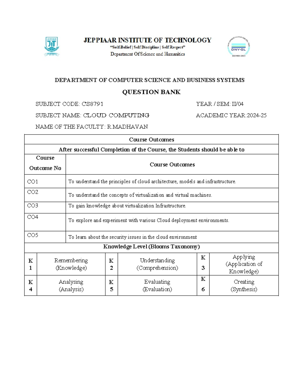CCS335 Cloud Computing Question BANK - DEPARTMENT OF COMPUTER SCIENCE AND BUSINESS SYSTEMS ...