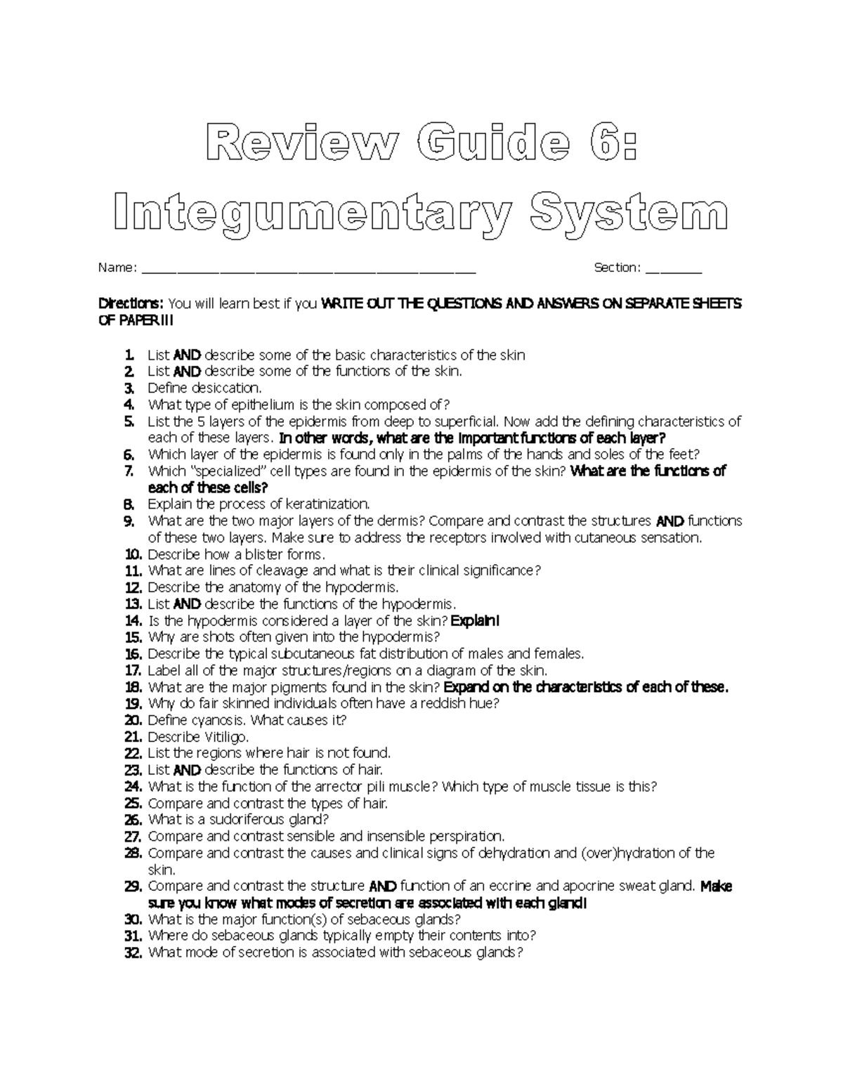 6 Integumentary System Review Guide Stock 2021 - Name: - Studocu