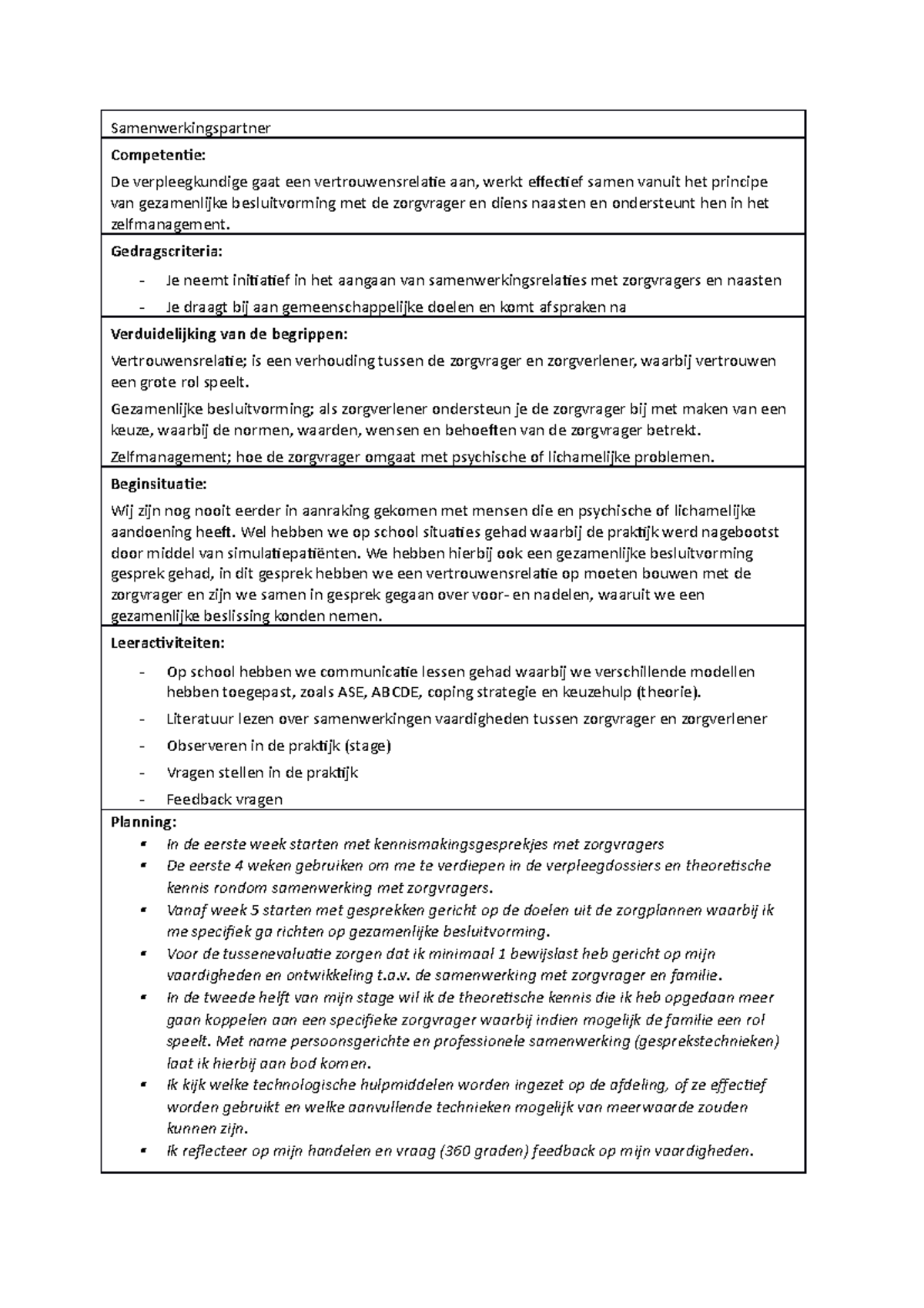 Samenwerkingspartner H5 stagewerkplan uitwerking voorbeeld ...