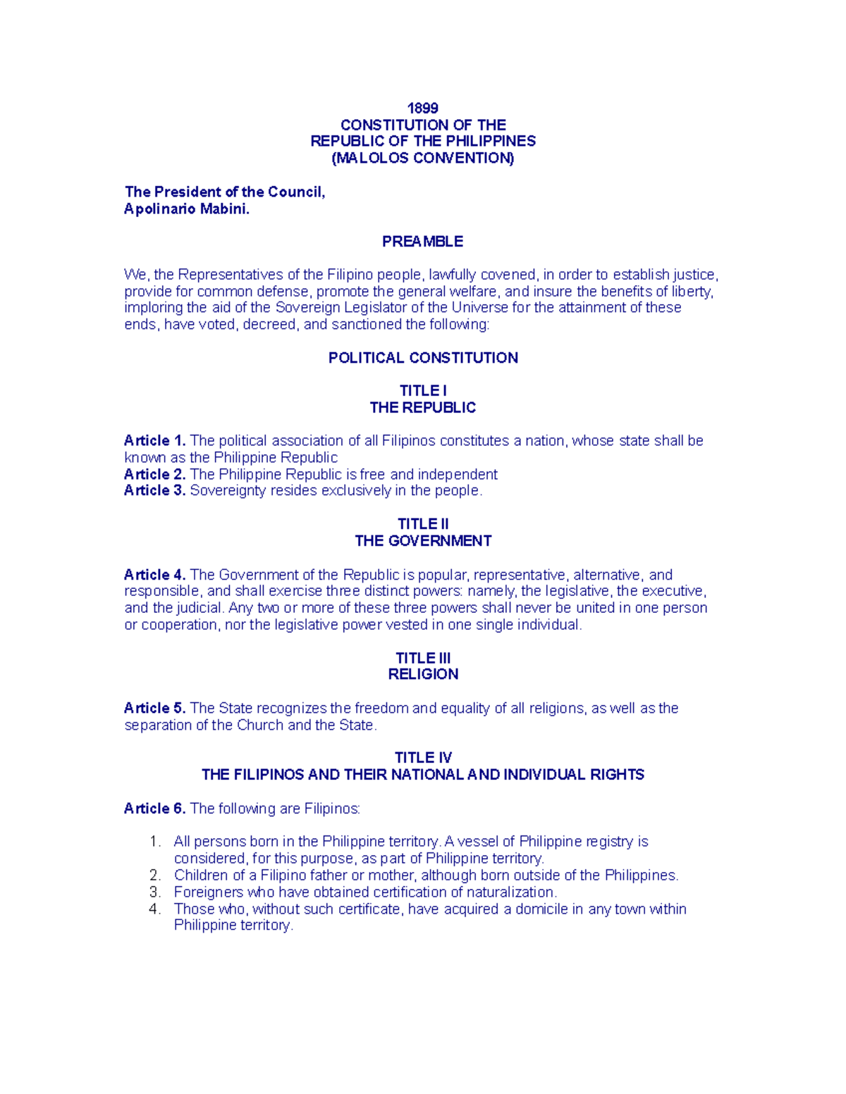 1899 Malolos Constitution - 1899 CONSTITUTION OF THE REPUBLIC OF THE ...