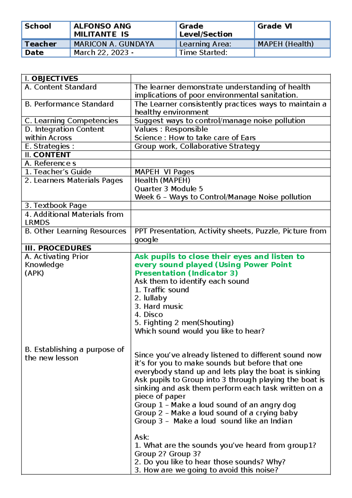 Health Grade VI Lesson PLAN - School ALFONSO ANG MILITANTE IS Grade ...