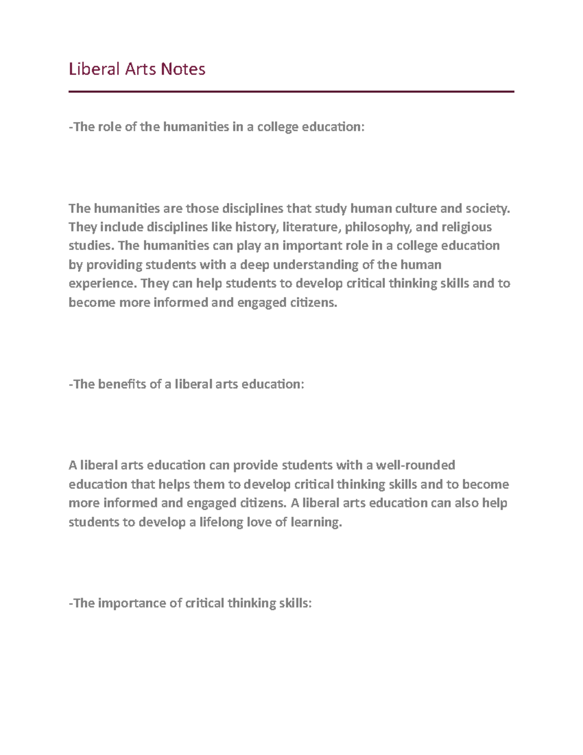 Liberal Arts - Lecture notes. - Liberal Arts Notes -The role of the ...