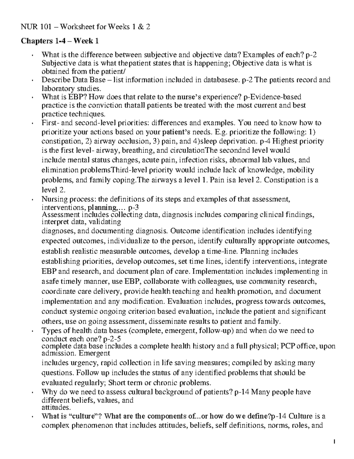NUR 101 Worksheet Study Guide for Weeks 1 2 - NUR 101 – Worksheet for ...