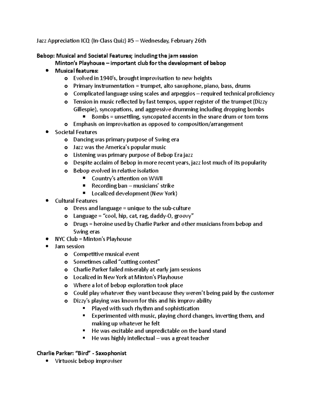 Jazz Appreciation ICQ #5 Review Guide - Wednesday 2 26 - Jazz ...