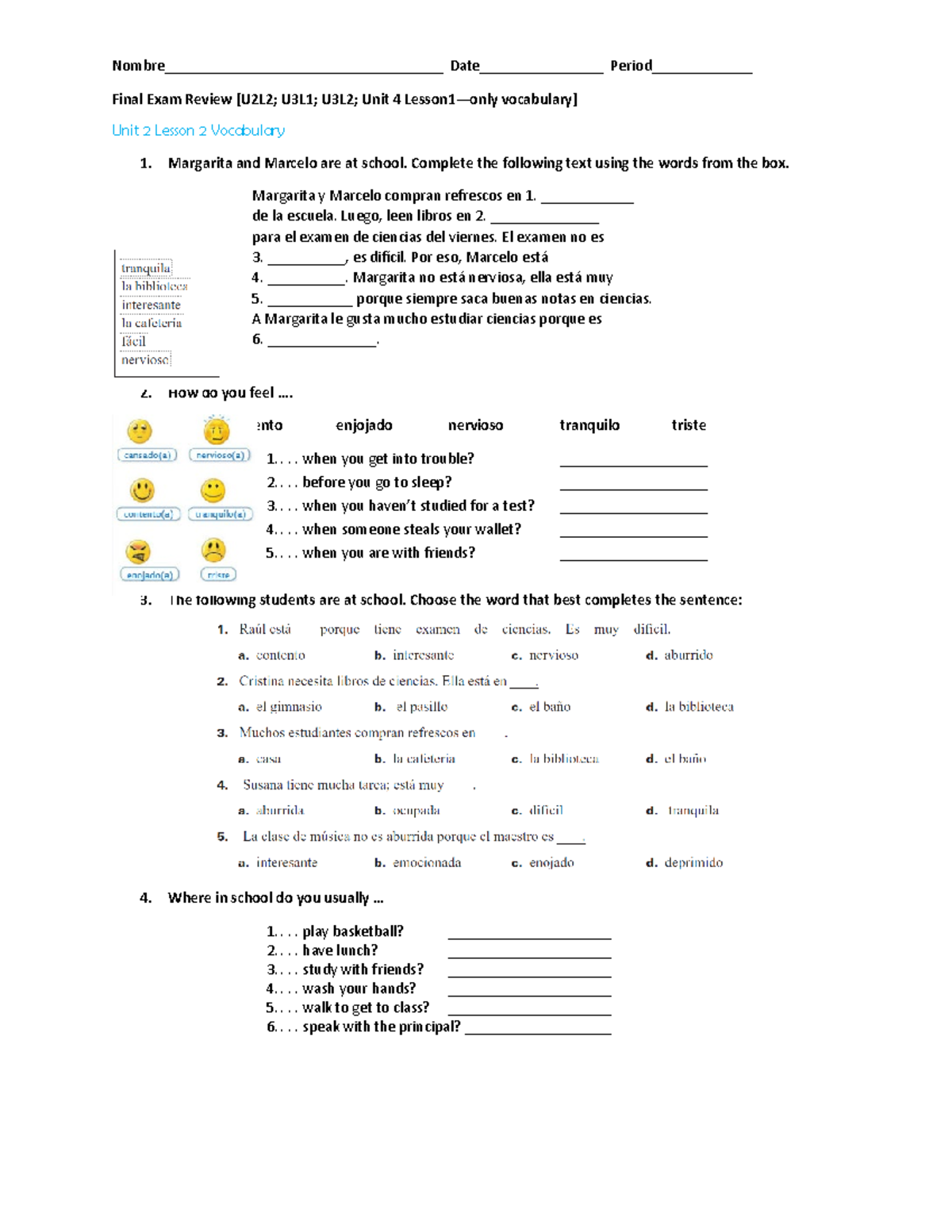 Spring Semester Final Exam Review Spanish 1 - Nombre