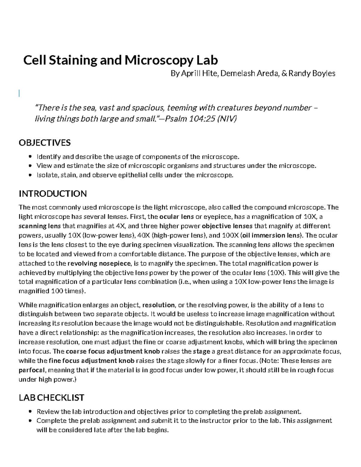 Cell Staining and Microscopy Lab Manual - By Aprill Hite, Demelash ...