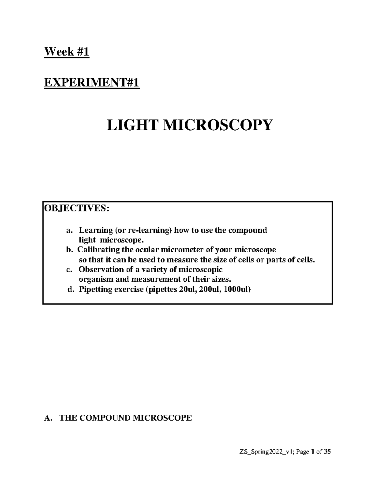 BIO303 2024 manual labs 1-5 - Week EXPERIMENT# LIGHT MICROSCOPY ...