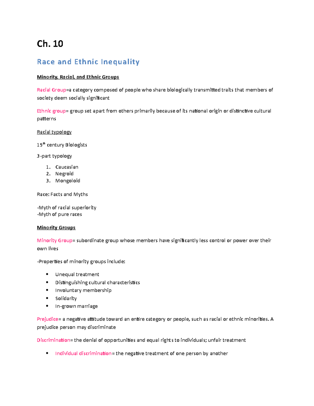Lecture notes, lecture 10 - Red is vocabulary - Ch. 10 Race and Ethnic ...