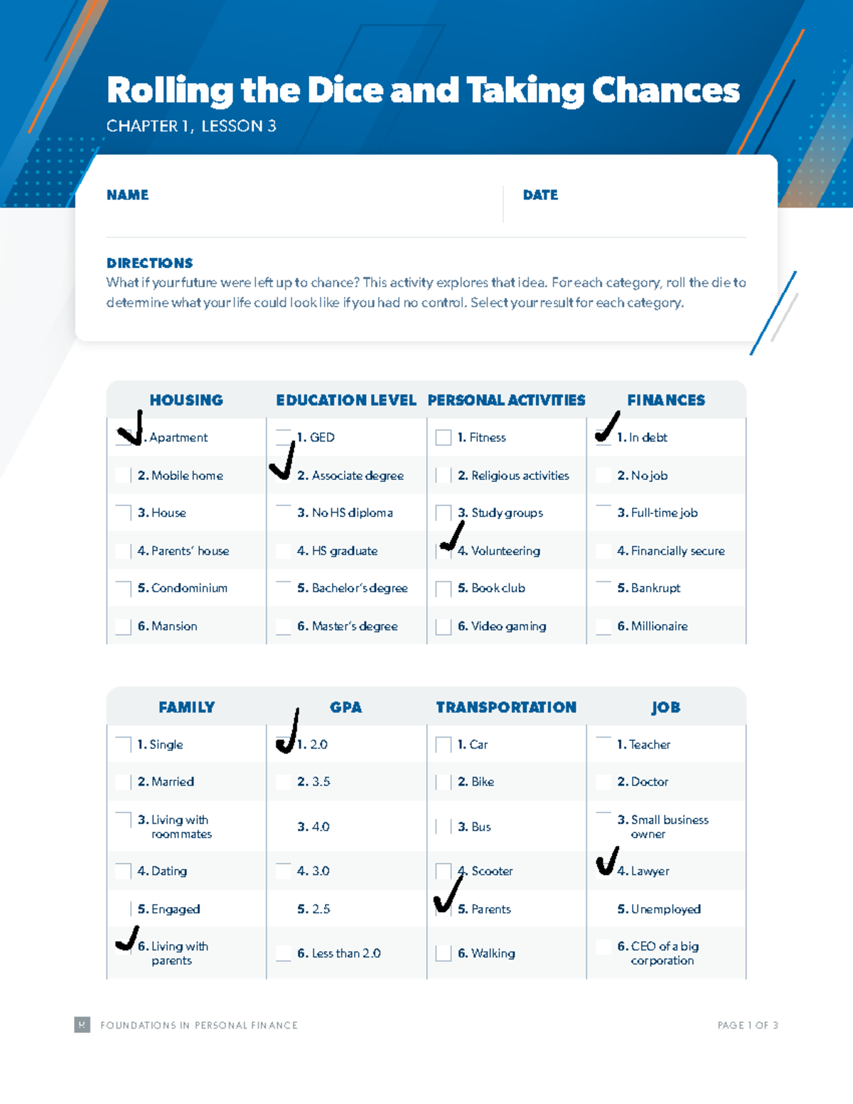 Act ch01 l03 english - Lessons - PAG E 1 O F 3 Rolling the Dice and ...