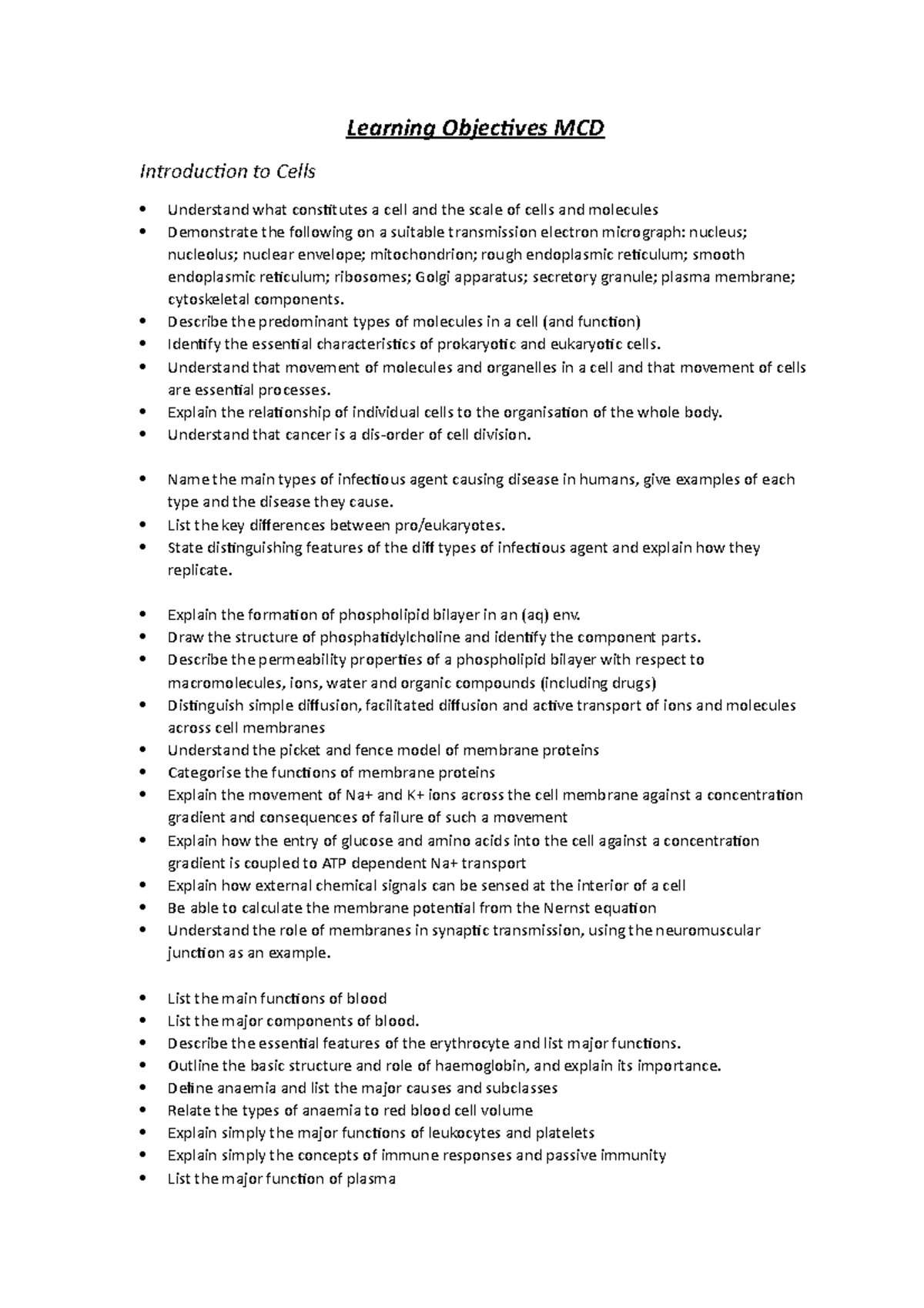 Learning Objectives MCD - Learning Objectives MCD Introduction to Cells ...
