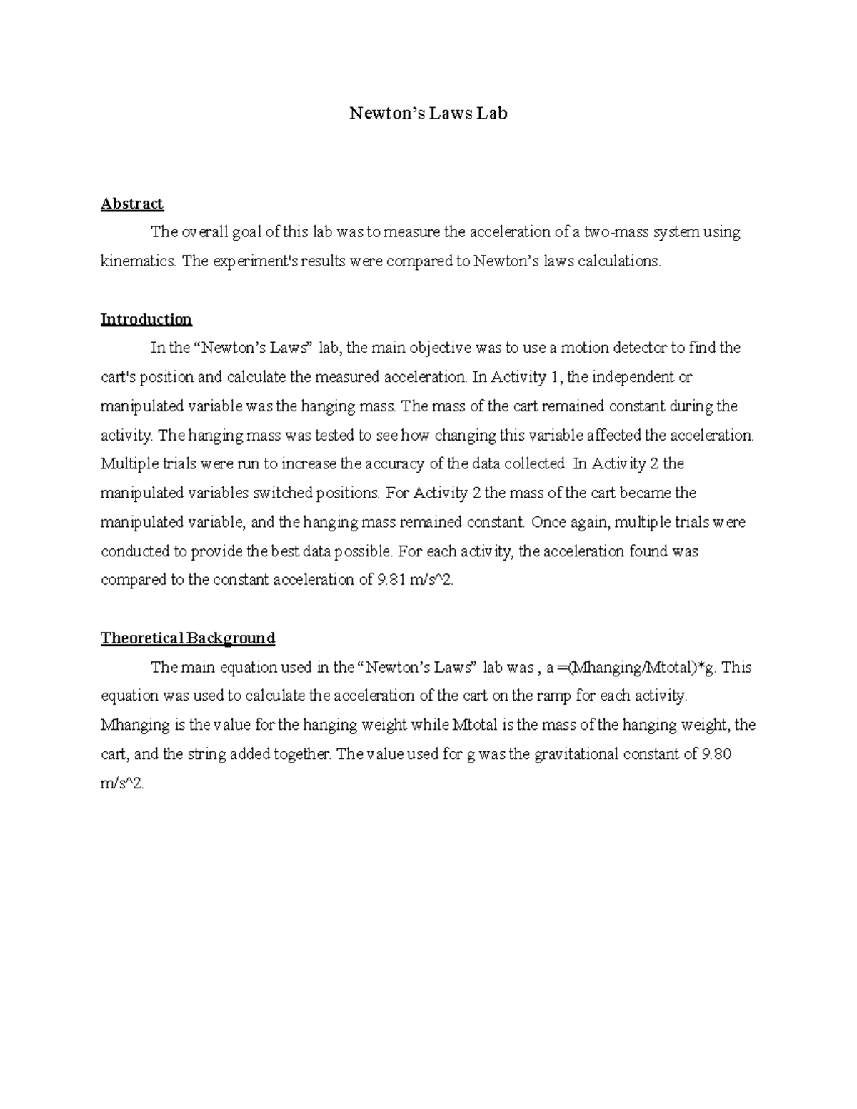 Newton's Laws Lab 2 29 24 - Google Docs - Newton’s Laws Lab Abstract ...