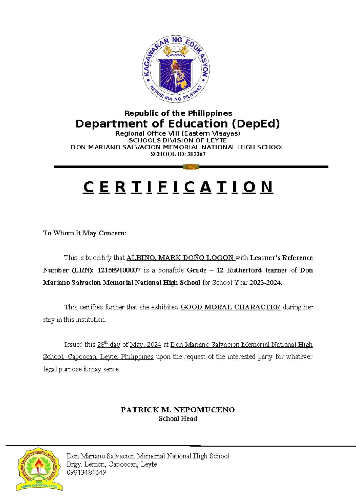 Certificate - trf - Department of Education (DepEd) Regional Office ...
