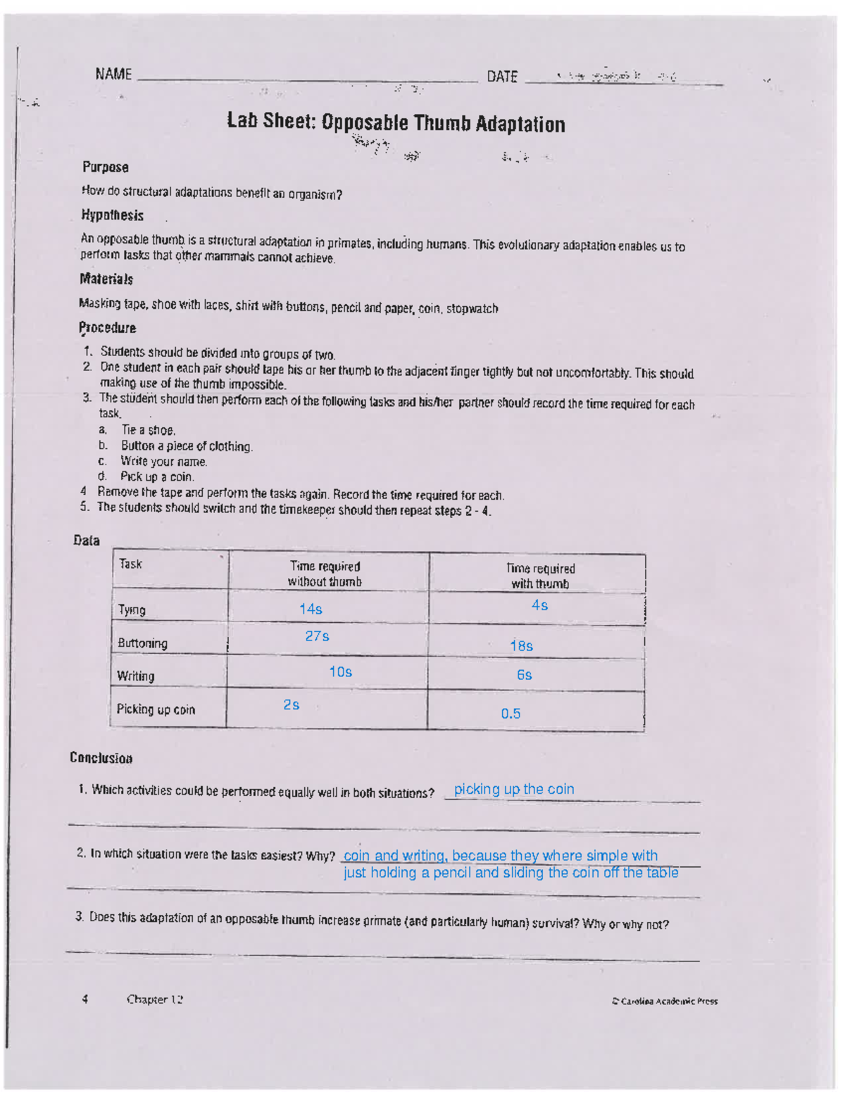 Opposable Thumb Adaptation Activity - Me —— > DAT E + er stint ¥ Lab Sh ...