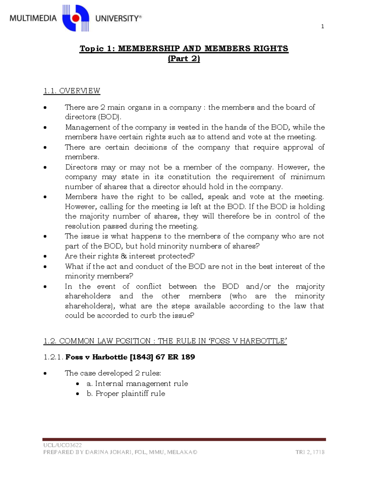 175406 Topic 1 Membership AND Members Rights (PART 2) - UCL/UCO Topic 1 ...