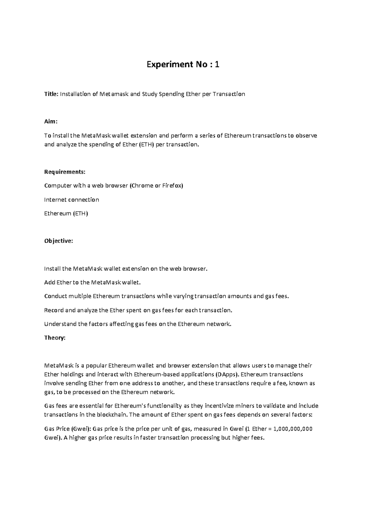 Experiment No 1 - LAB MANUAL EXPT 1 - Experiment No : 1 Title: Installation of Metamask and ...